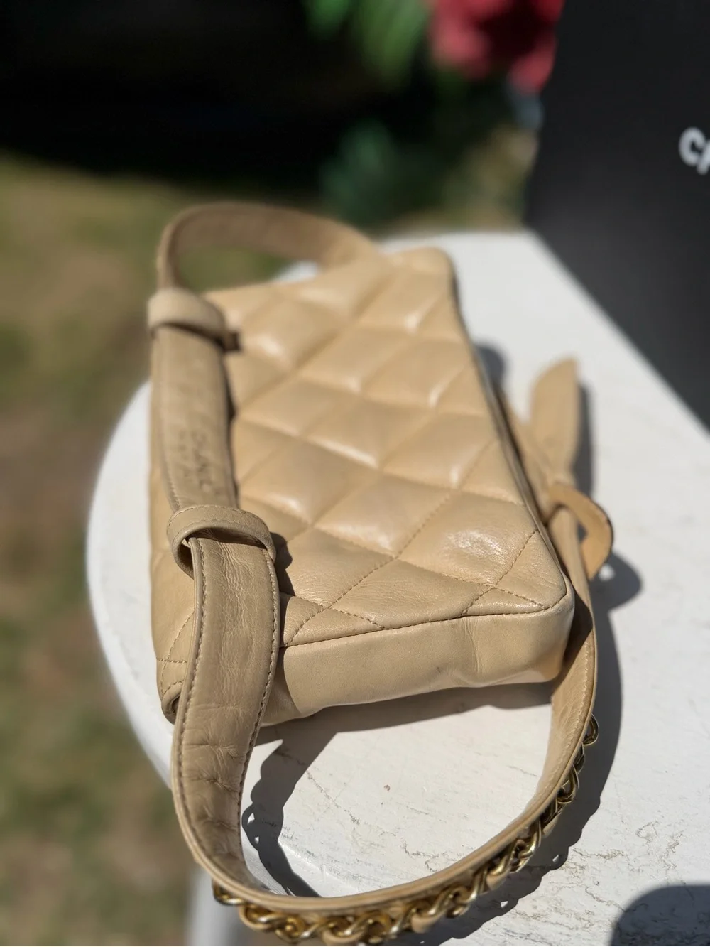 CHANEL | Bags | Chanel Beige Quilted Lambskin Crossbody With Gold Cc ...